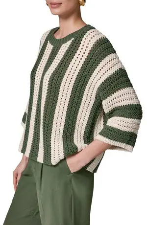Donna Karan New York Vertical Stripe Open Stitch Cotton Sweater - Verde/crea