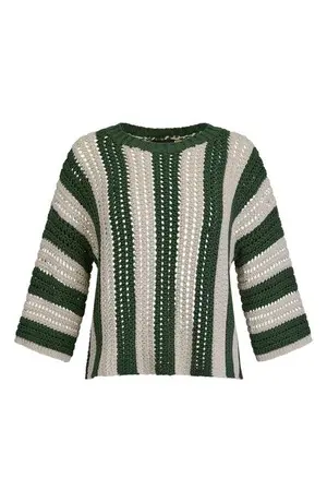 Donna Karan New York Vertical Stripe Open Stitch Cotton Sweater - Verde/crea