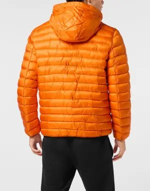 PLEIN SPORT Padded Quilted Nylon Zip-up Hoodie Jacket With Tiger Emblem - Orange