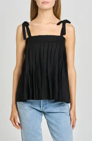 WAYF Stevie Pleated Tie Shoulder Babydoll Top - Black