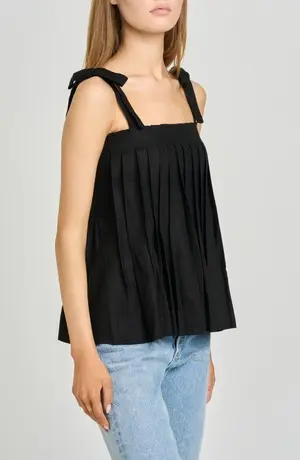 WAYF Stevie Pleated Tie Shoulder Babydoll Top - Black