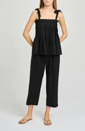 WAYF Stevie Pleated Tie Shoulder Babydoll Top - Black