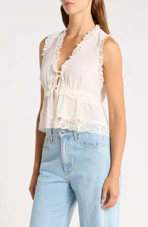 WAYF Norah Lace Trimmed Sleeveless V-neck Top - Ivory