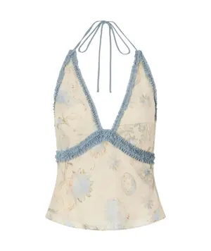 SIR. Cecile Printed Halterneck Chiffon Top With Ruffle Trim