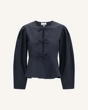 GANNI Cotton Poplin Blouse With Bow Details - Black