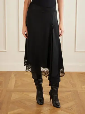 Alexander McQueen Asymmetric Draped Lace-trimmed Crepe Midi Skirt
