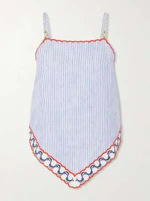 Farm Rio Embroidered Striped Linen Coverup - Blue