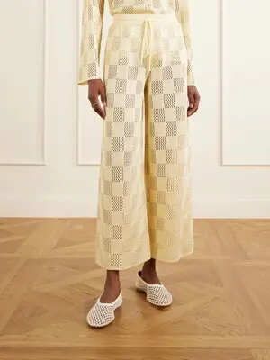 Calle Del Mar Checked Open-knit Wide-leg Pants - Yellow
