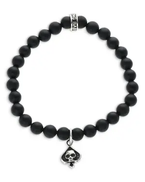 KING BABY STUDIO Sterling High Roller Club Onyx Bead Micro Skull Spade Card Suit Charm Bracelet - Silver