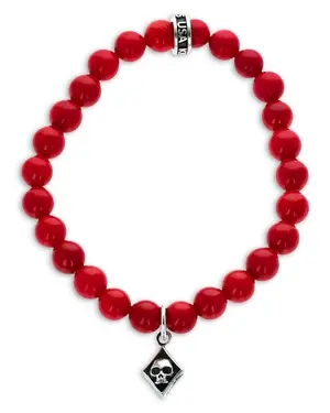 KING BABY STUDIO Sterling High Roller Club Red Coral Bead Micro Skull Diamond Card Suit Charm Bracelet - Silver