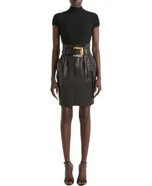 Balmain Belted Leather Pencil Skirt