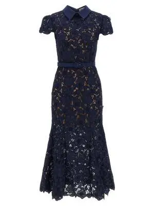 SELF-PORTRAIT Navy Guipure Lace Midi Dress With 3d Floral Appliqu - Blue