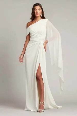 Tadashi Shoji Tadashi Shoji One-Shoulder Draped Cape Sleeve Gown Ivory