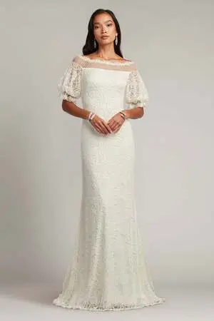 Tadashi Shoji Whelan Embroidered Puff-sleeve Gown - Ivory
