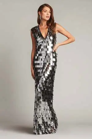 Tadashi Shoji Kipper Plunge Neck Gown - Silver/black