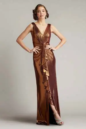Tadashi Shoji Metallic Waterfall Gown - Copper