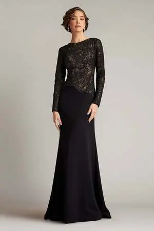 Tadashi Shoji Embroidered Crepe Gown - Black/nude