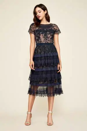 Tadashi Shoji Nixie Pleated Tea-length Dress - Black/nude