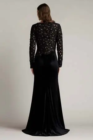 Tadashi Shoji Sinnott Chenille Embroidered Gown - Black/nude