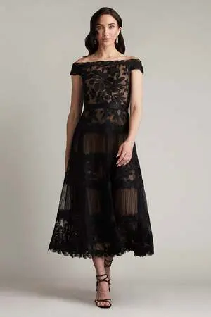 Tadashi Shoji Adriane Floral Embroidered Tea-length Dress - Black/nude