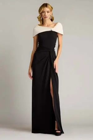 Tadashi Shoji Perkins Asymmetric Draped Gown - Black/ivory