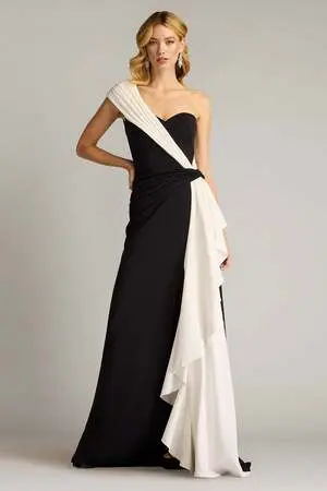 Tadashi Shoji Lune Waterfall Sash Gown - Black/ivory