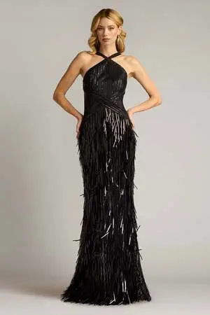 Tadashi Shoji Ares Sequin Fringe Halter Gown - Black