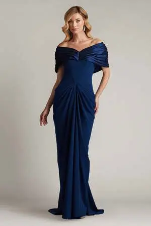 Tadashi Shoji Seraphine Pleated Portrait Collar Gown - Navy