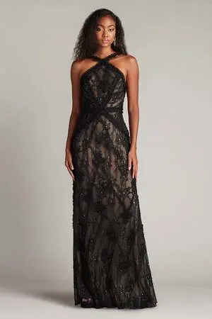 Tadashi Shoji Kaiti Embroidered Halter Gown - Black/nude
