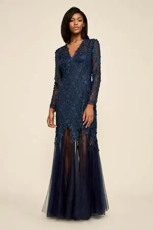 Tadashi Shoji Embroidered Tulle Gown With 3d Floral Appliqu - Midnight