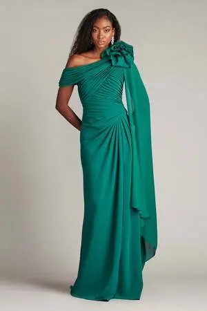 Tadashi Shoji Kamari Draped Rosette Shoulder Gown - Emerald