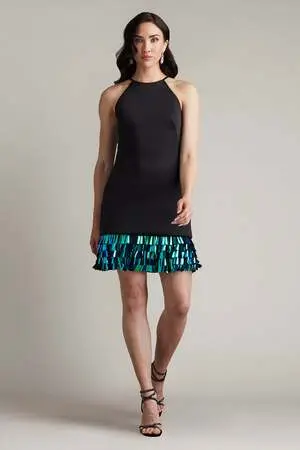 Tadashi Shoji Selena Neoprene Sequin Fringe Mini Dress - Black