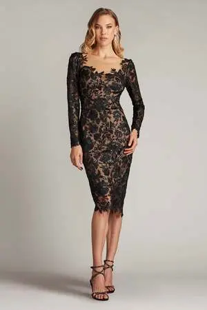 Tadashi Shoji Senoia Sequin Embroidered Illusion Dress - Black/nude
