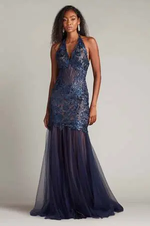 Tadashi Shoji Evaine Sequin Embroidered Tulle Gown - Midnight