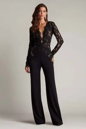 Tadashi Shoji Amaris Plunging Illusion Lace Jumpsuit - Black/nude