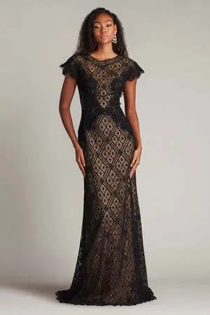 Tadashi Shoji Embroidered Illusion Gown With Ruffled Cap Sleeves - Black/nude