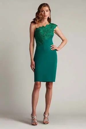 Tadashi Shoji Reya One-shoulder Embroidered Illusion Dress - Emerald