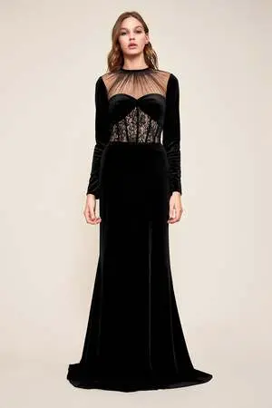 Tadashi Shoji Marcella Long-sleeve Velvet Gown - Black/nude