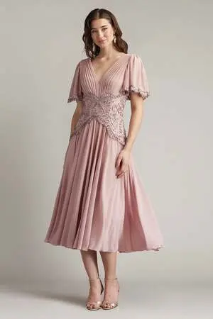 Tadashi Shoji Indira Embroidered Chiffon Midi Dress - Pebble