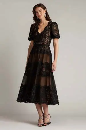 Tadashi Shoji Belline Embroidered Chiffon Midi Dress - Black/nude