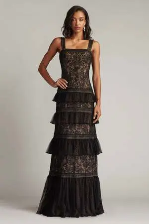 Tadashi Shoji Ruva Tiered Ruffle Embroidered Gown - Black/nude