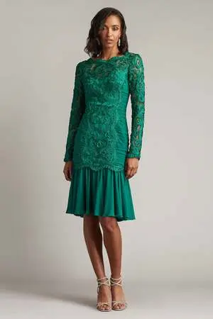 Tadashi Shoji Novara Embroidered Lace Skater Dress - Emerald