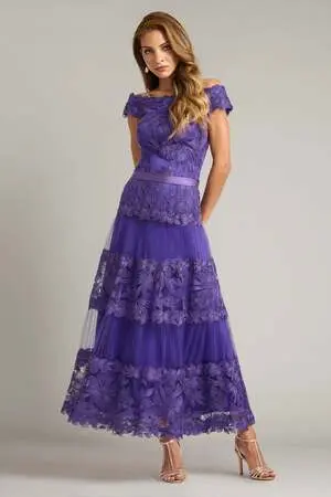 Tadashi Shoji Adriane Floral Embroidered Tea-length Dress - Deep Amethyst