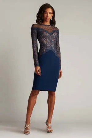 Tadashi Shoji Lisette Embroidered Illusion Lace Dress - Navy/nude