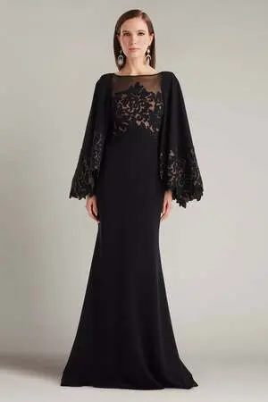 Tadashi Shoji Delgado Laser-cut Capelet Gown - Black/nude