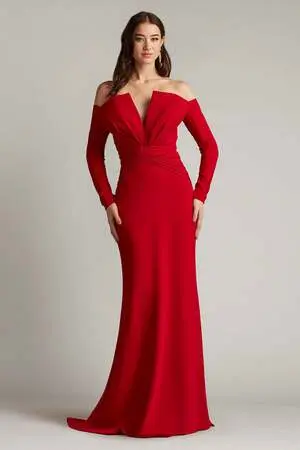 Tadashi Shoji Leona V-pleat Gown - Red