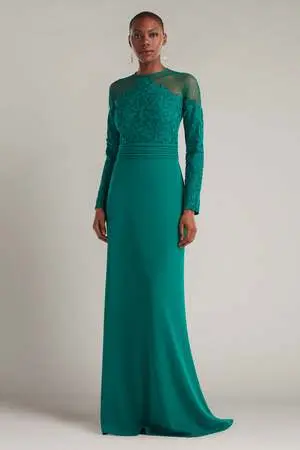 Tadashi Shoji Sinclair Embroidered Crepe Gown - Emerald