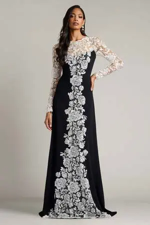 Tadashi Shoji Kalico Embroidered Illusion Gown - Ivory/black