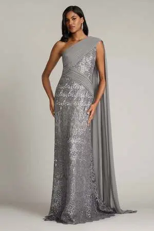 Tadashi Shoji Eamon Draped Sleeve Sequin Embroidered Gown - Mist