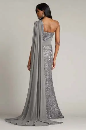 Tadashi Shoji Eamon Draped Sleeve Sequin Embroidered Gown